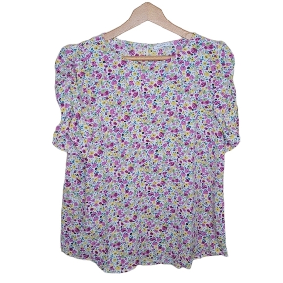 Staccato | Tops | Nwt Staccato Pink Yellow Floral Ruched Short Sleeve ...